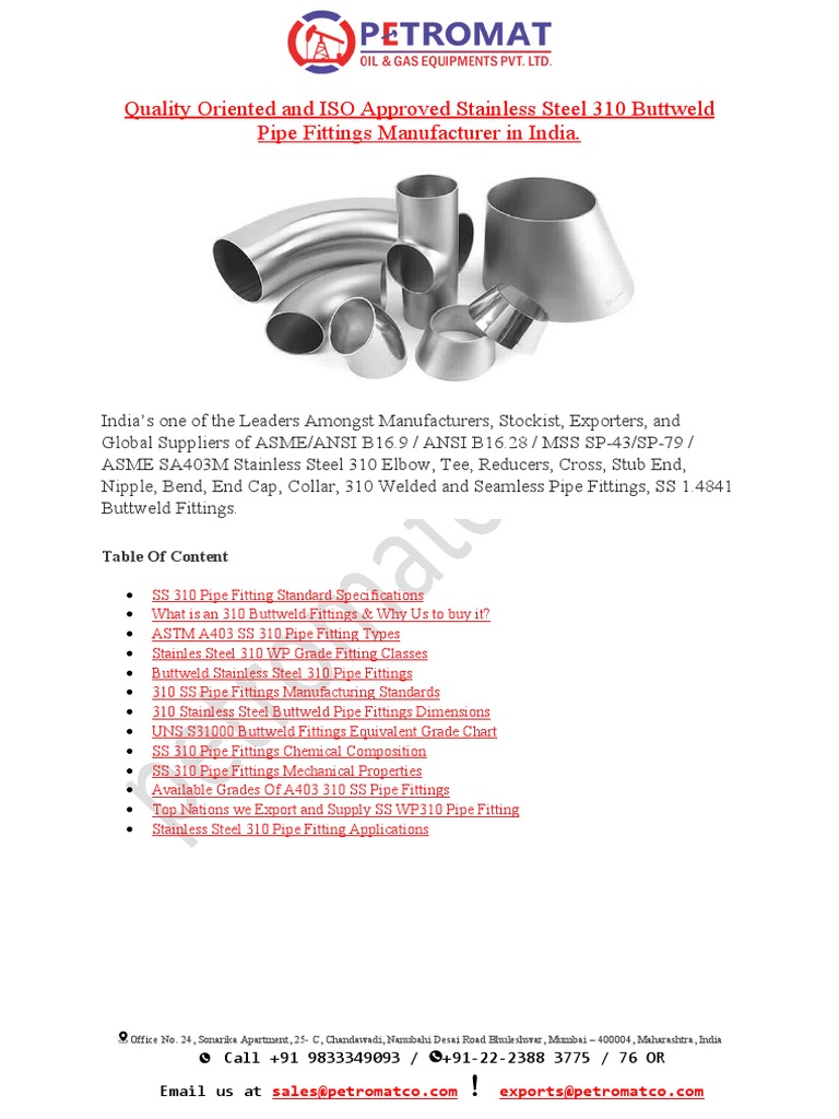 310 Buttweld Fittings | PDF | Pipe (Fluid Conveyance) | Stainless Steel