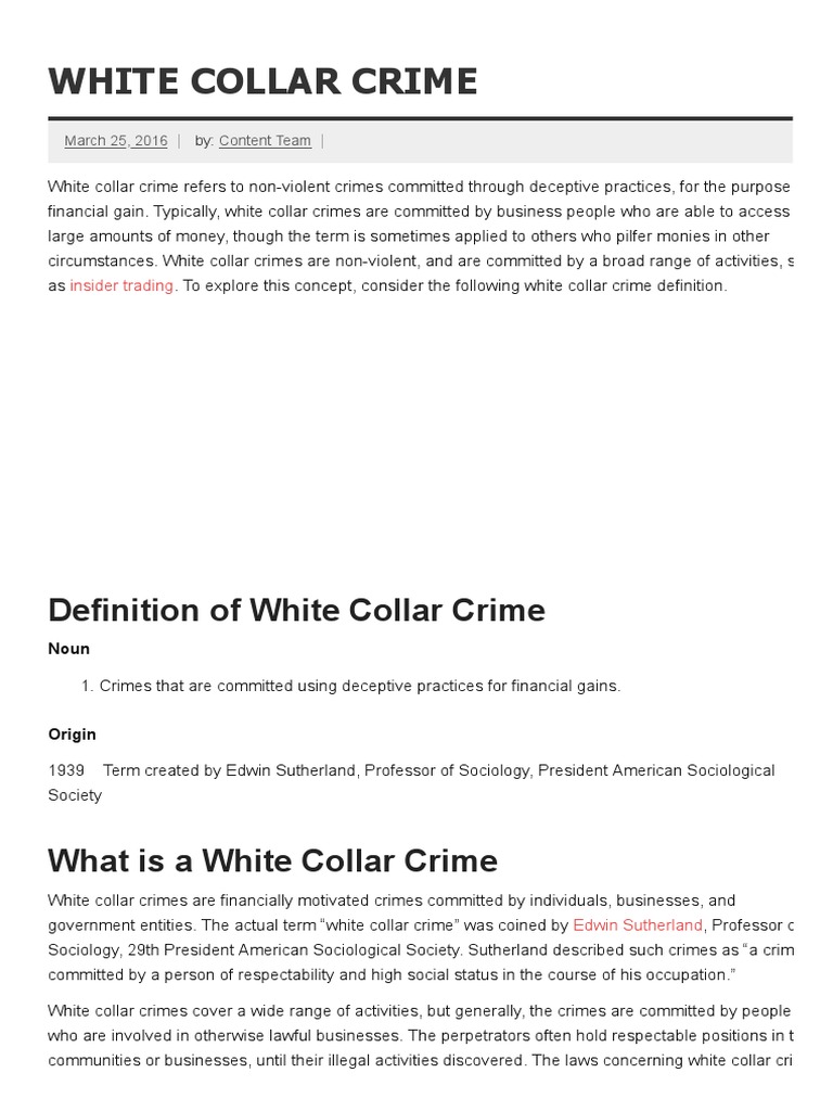 White Collar Crime - Definition, Examples, Cases | PDF | Fraud ...