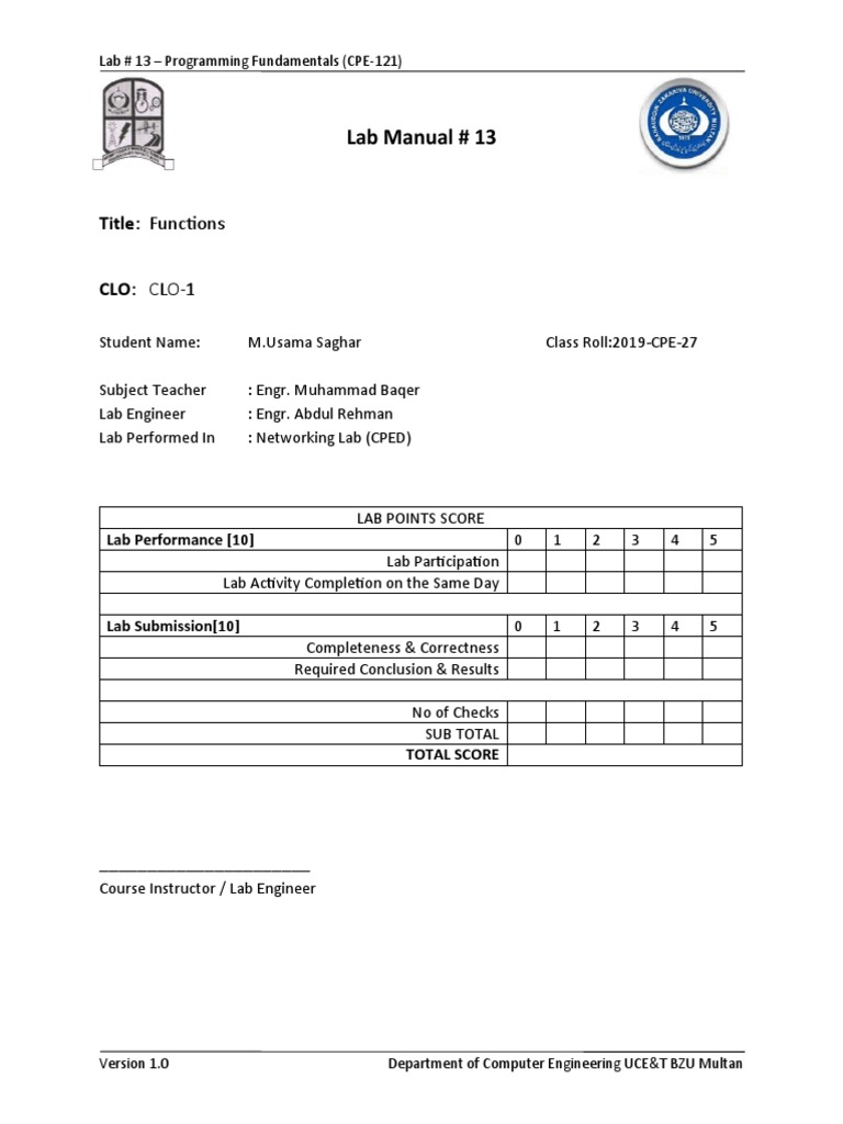 Lab#13 2019CPE-27 M.USAMA SAGHAR | Download Free PDF | Subroutine | Integer (Computer Science)
