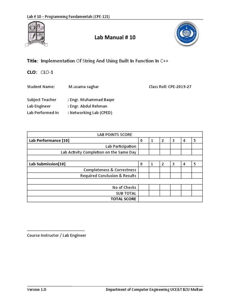 Lab#10 PF Cpe-27 M.usama Saghar | PDF | String (Computer Science) | C++