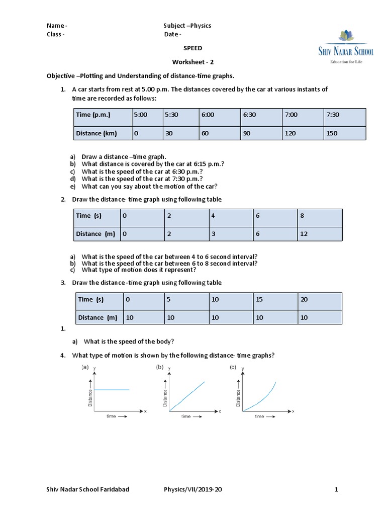 Speed Worksheet 2 - Distance - Time Graphs | PDF