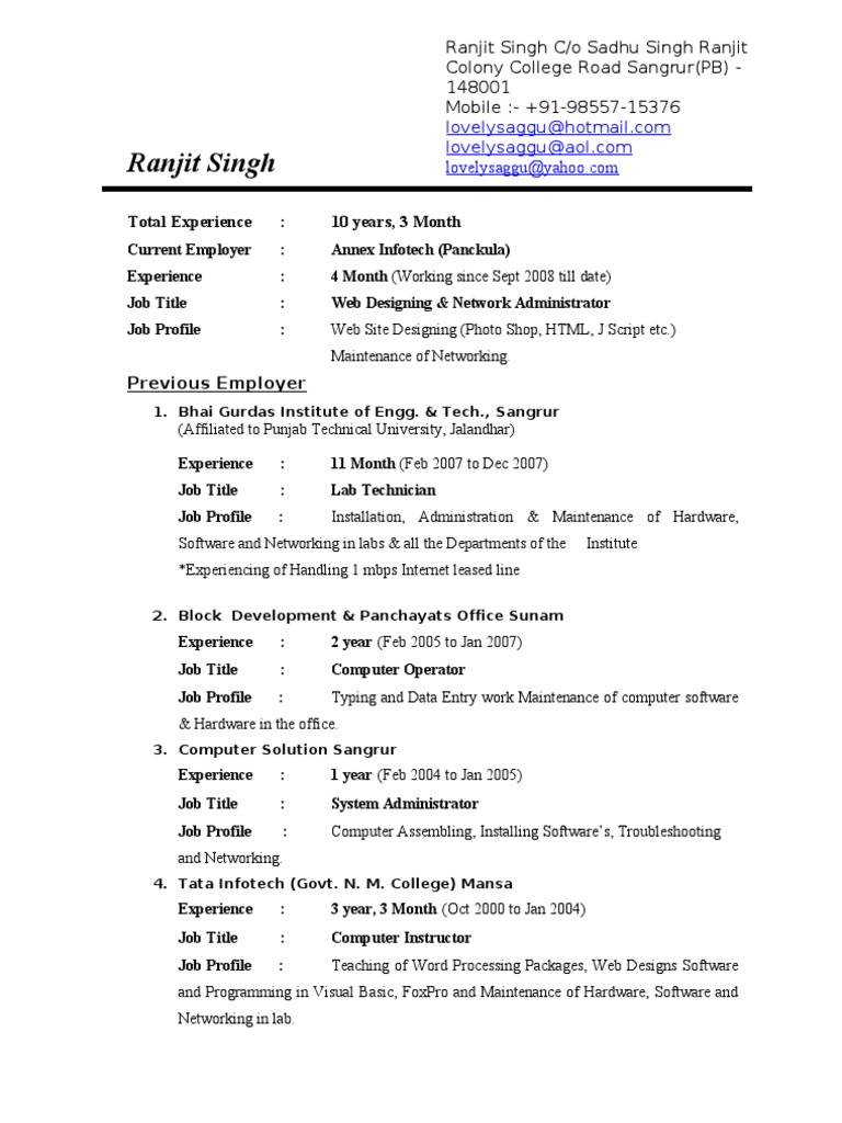 Resume of Ranjit Singh highlighting his 10 years of experience in web ...