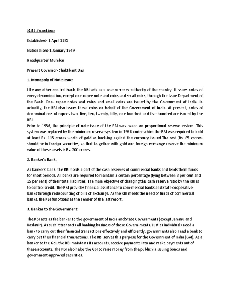 RBI Functions: 1. Monopoly of Note Issue | PDF | Reserve Bank Of India ...