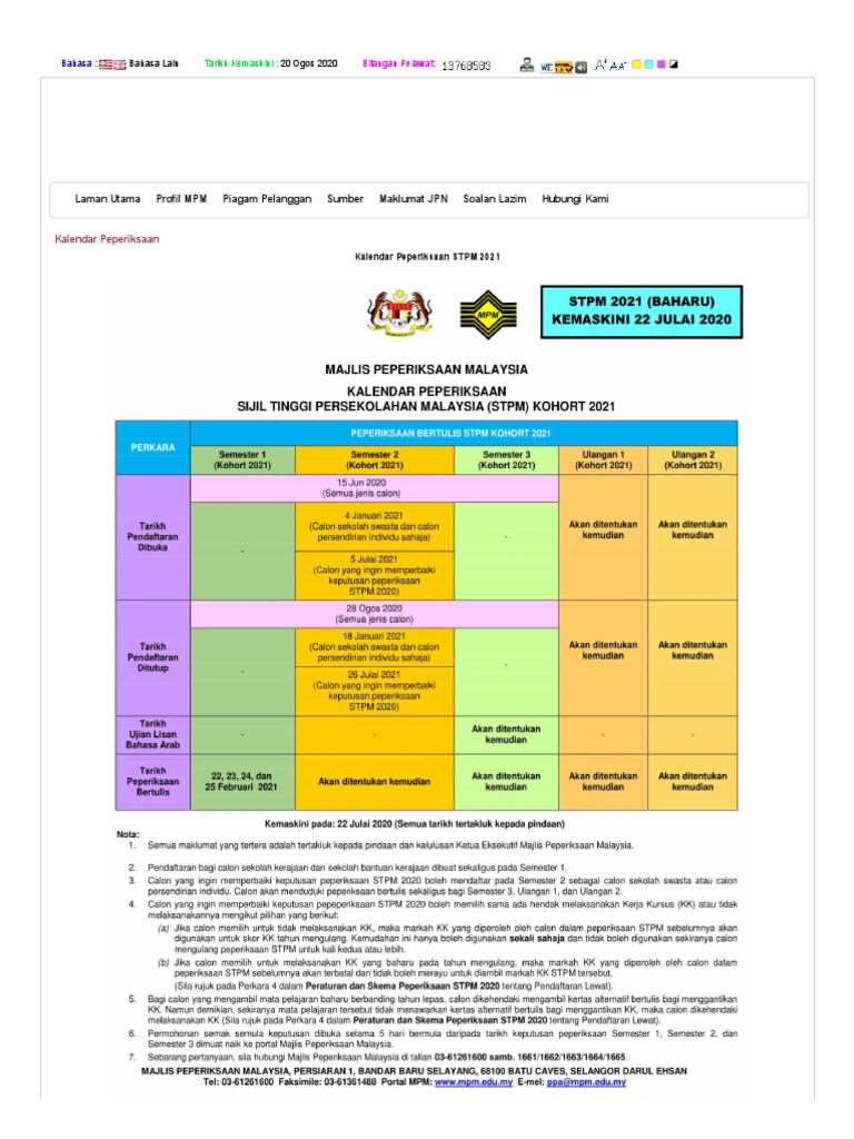 Kalendar Peperiksaan - Portal Rasmi Majlis Peperiksaan Malaysia | PDF