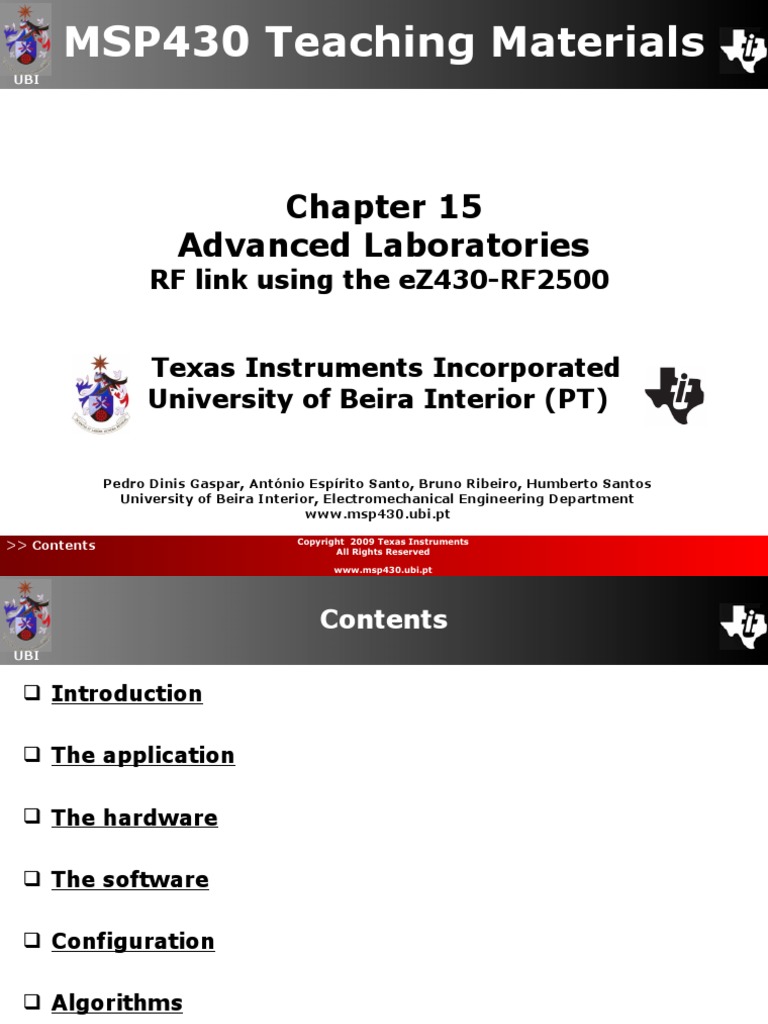 Advanced Laboratories: RF Link Using The eZ430-RF2500 Texas Instruments ...