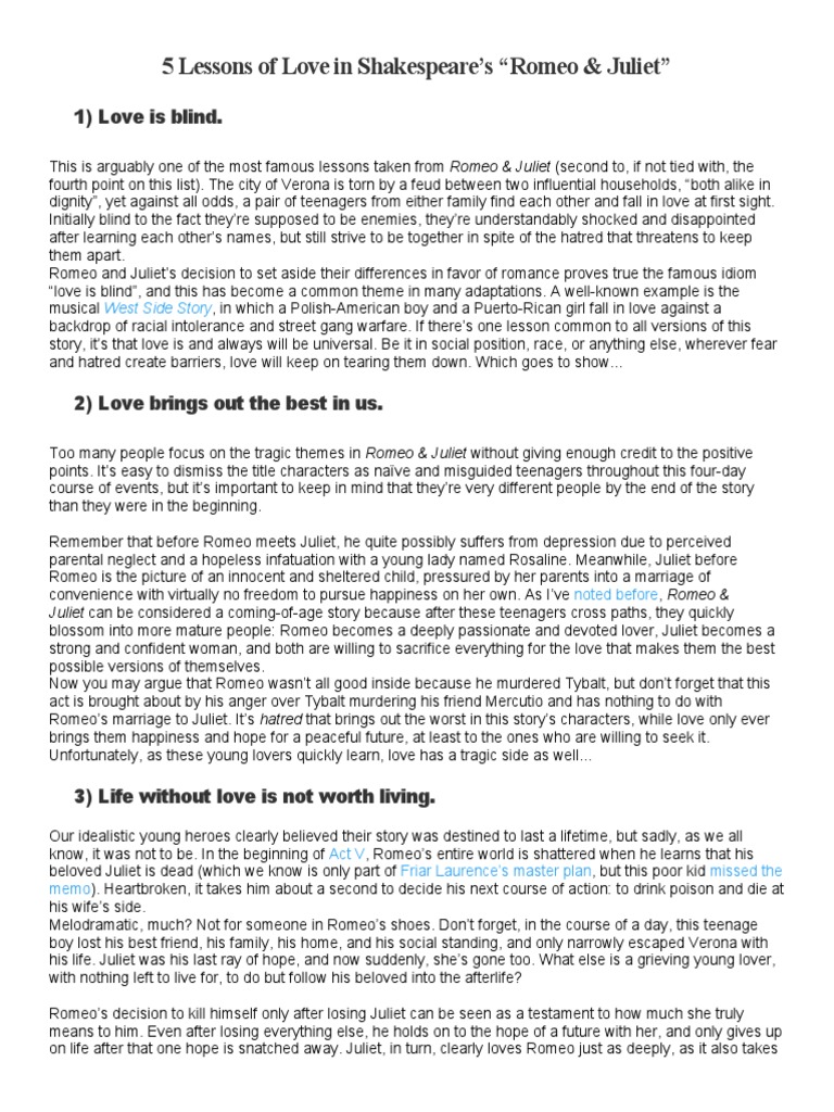 5 Lessons of Love in Shakespeare | PDF | Romeo And Juliet | Characters ...