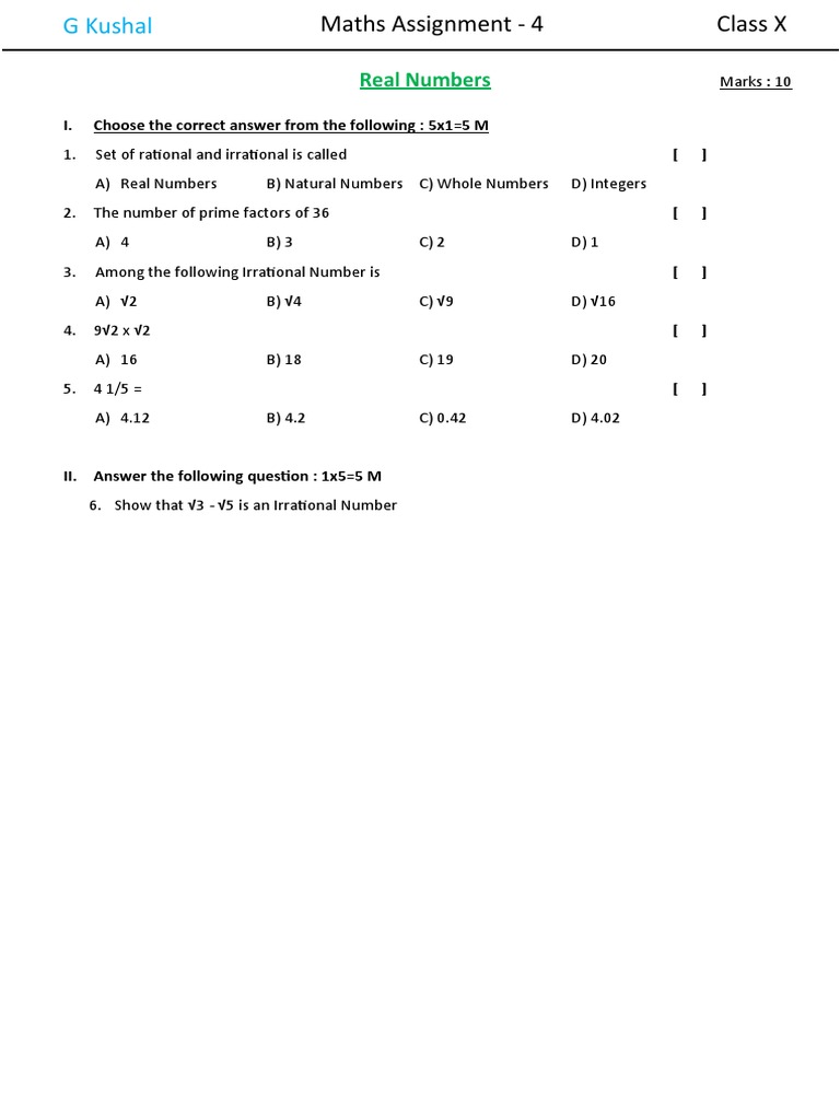 10th Class Maths Worksheet 1 | PDF