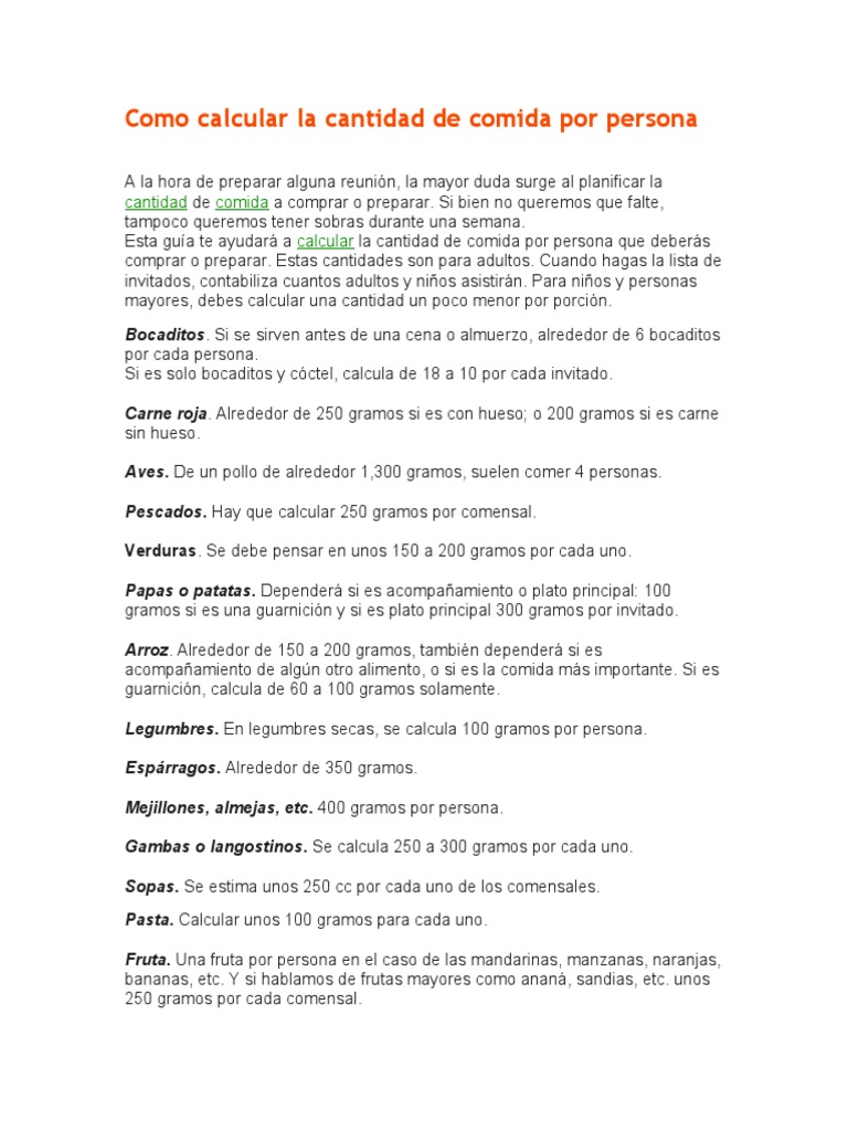 Calcular comida por persona: guía práctica | PDF | Cocina, comidas y vino