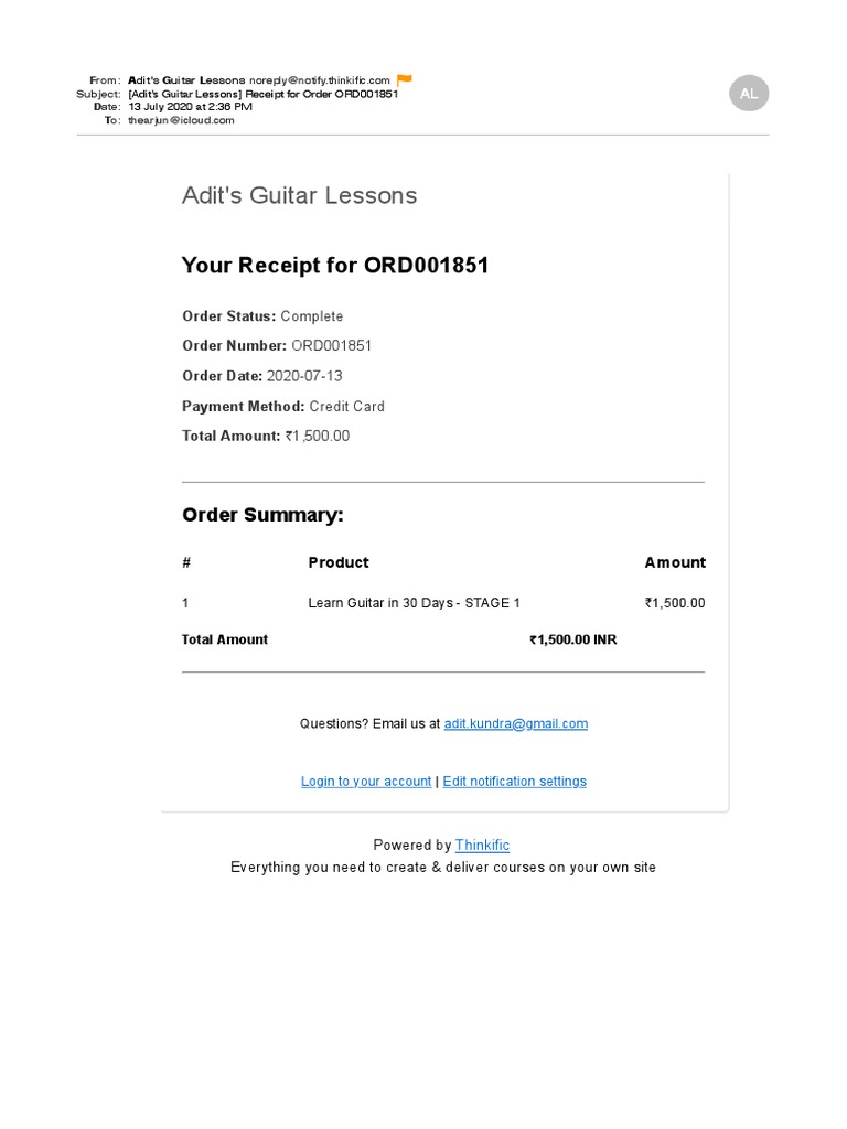Adit's Guitar Lessons Order Receipt | PDF