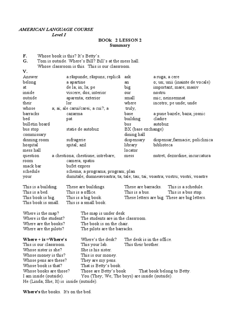 Book 2 Lesson 2 F. G. V.: American Language Course Level I | PDF ...
