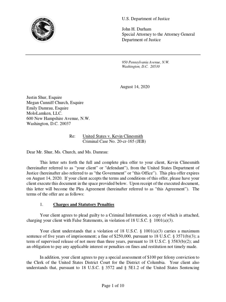 Clinesmith Plea Agreement | PDF | United States Federal Sentencing ...