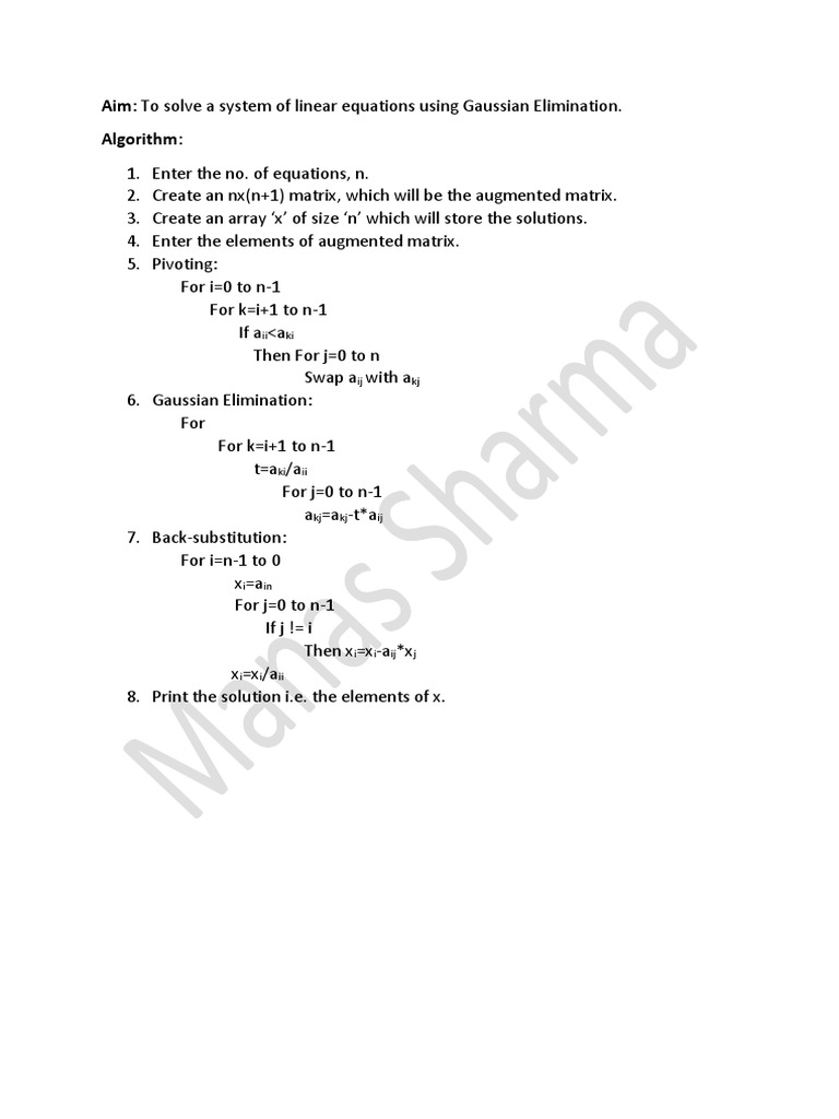 Aim: To Solve A System of Linear Equations Using Gaussian Elimination. Algorithm | Download Free ...