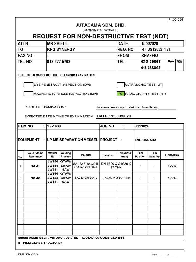 Request For Non-Destructive Test (NDT) : Jutasama Sdn. BHD | PDF ...