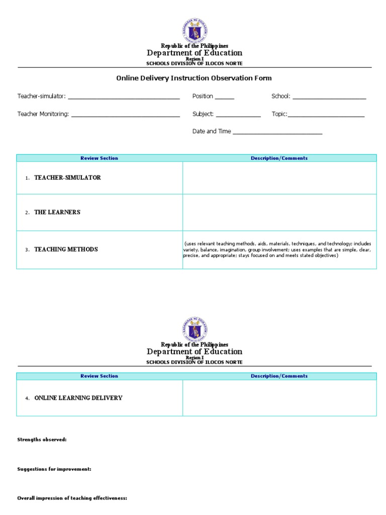Department of Education: Online Delivery Instruction Observation Form | PDF