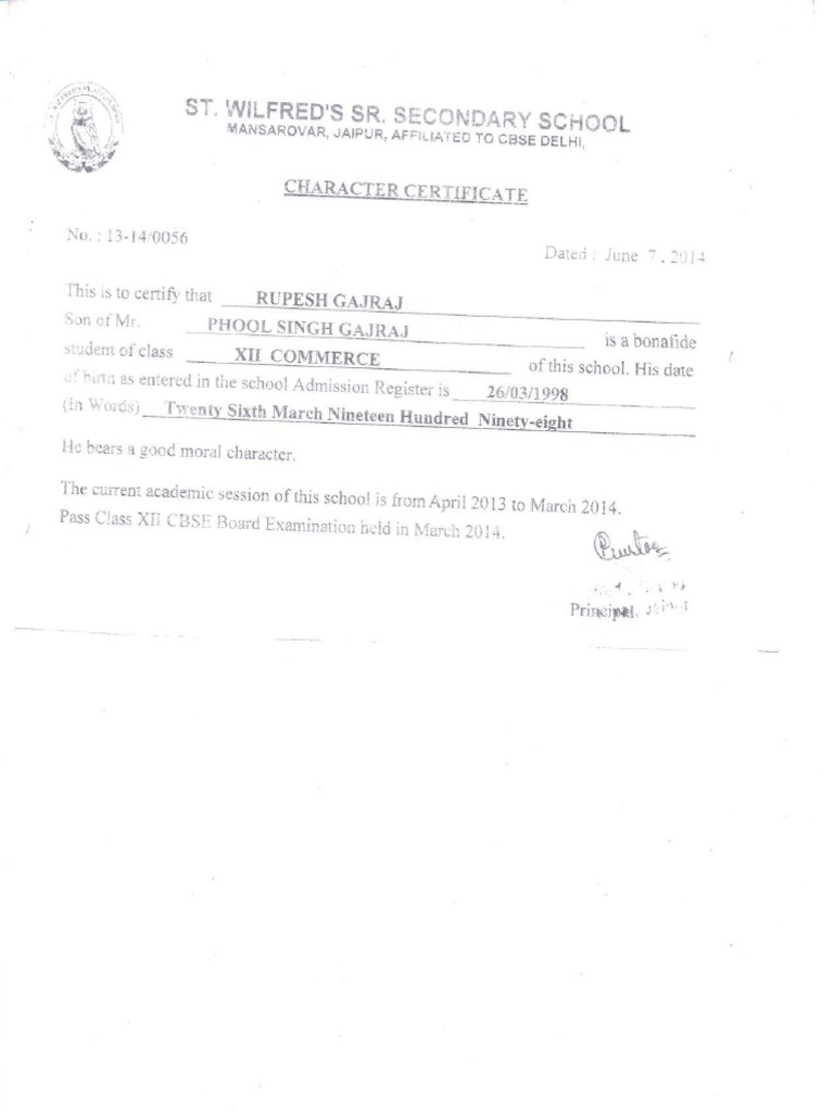 12 Character Certificate PDF | PDF