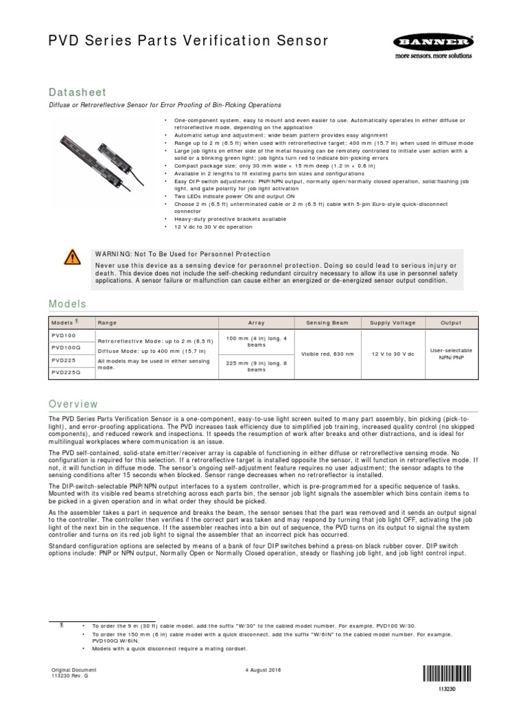 PVD Series Parts Verification Sensor: Datasheet | PDF | Bipolar ...