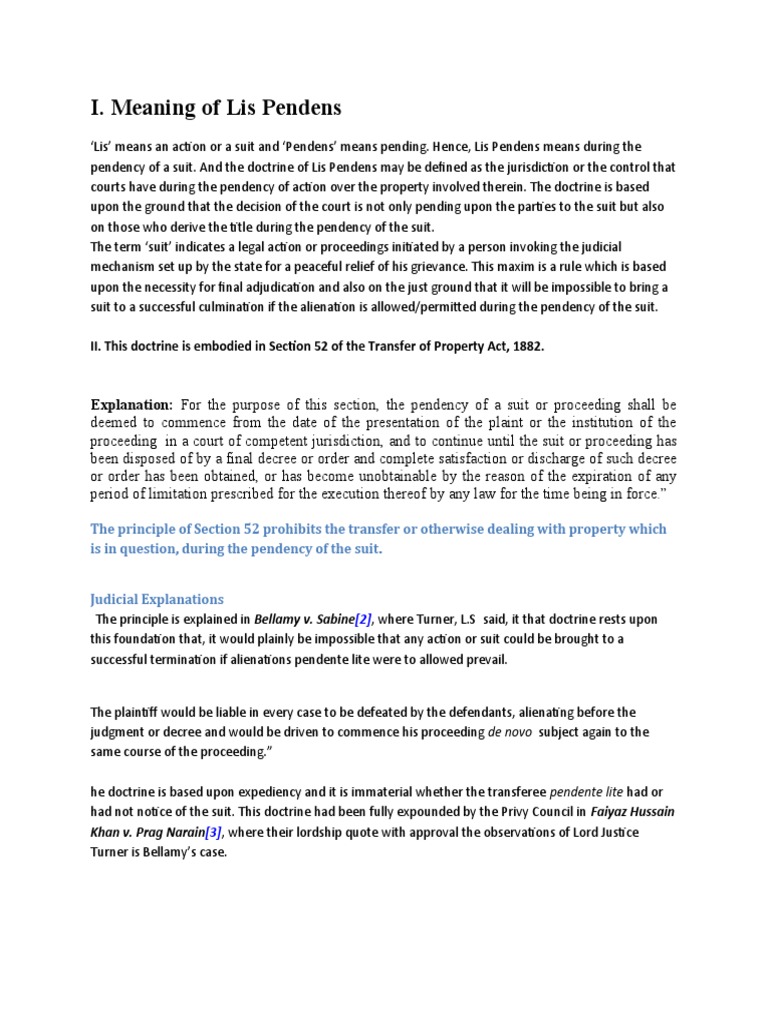 I. Meaning of Lis Pendens: Explanation: For The Purpose of This Section ...
