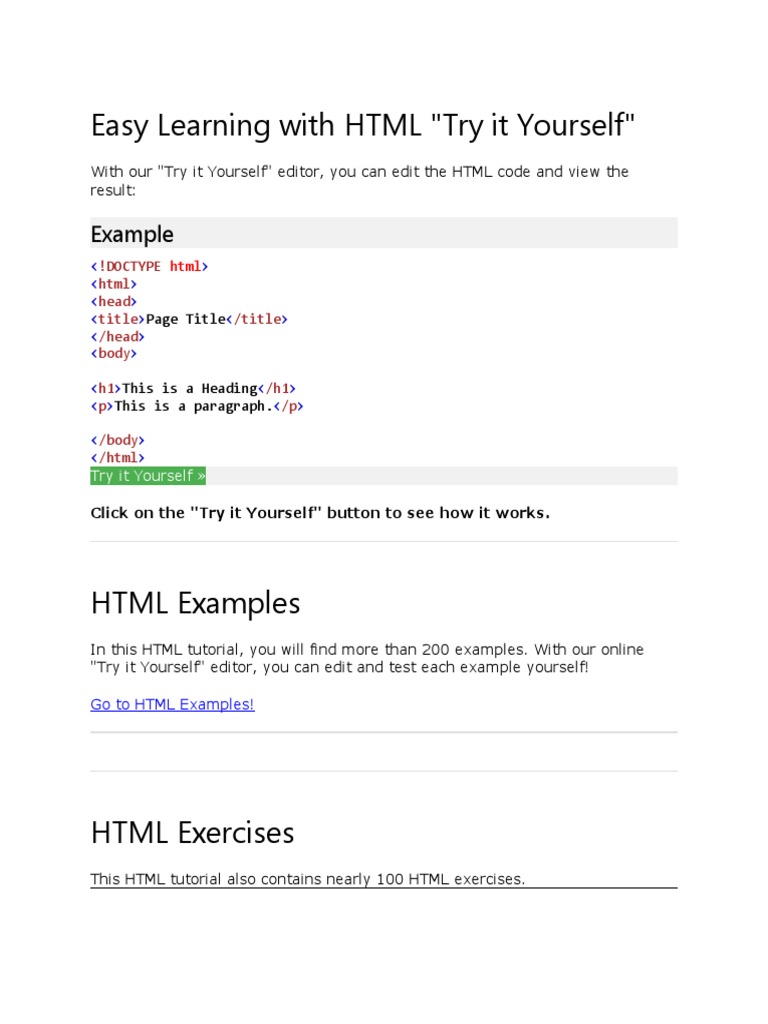 Easy Learning With HTML "Try It Yourself": Example | PDF