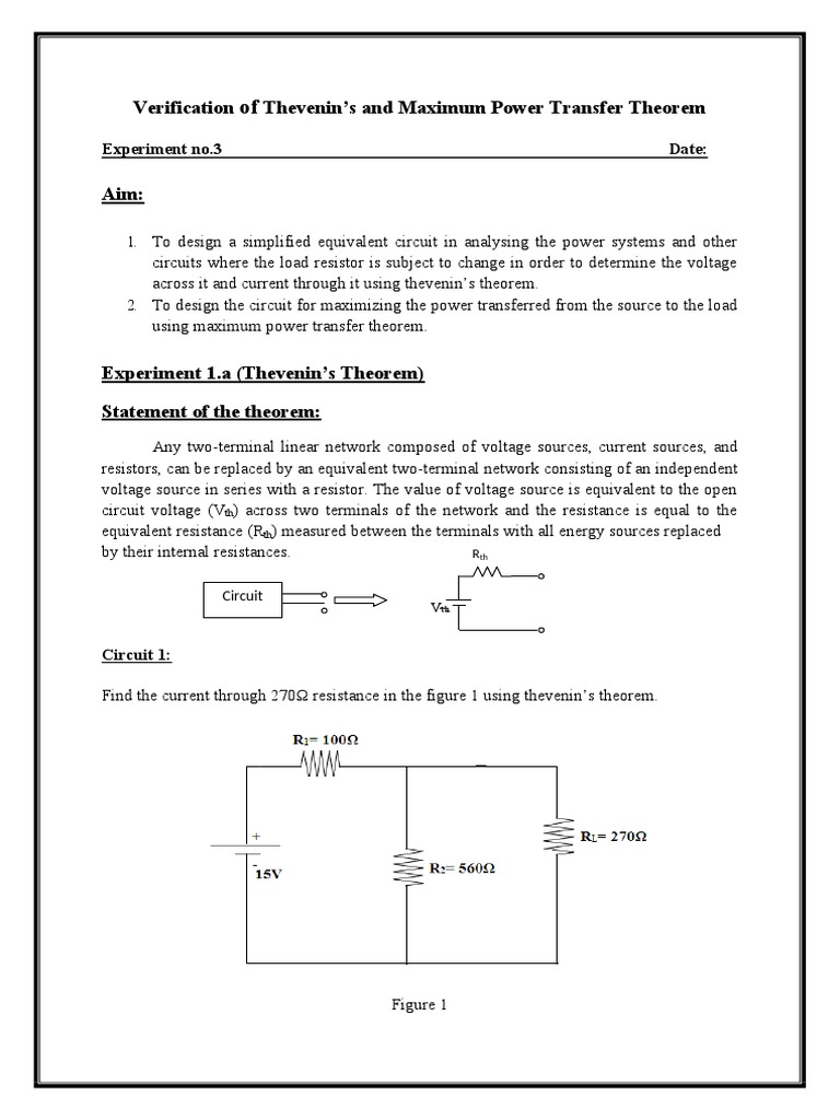 Verification Thevenin's and Maximum Power Transfer Theorem: Experiment ...