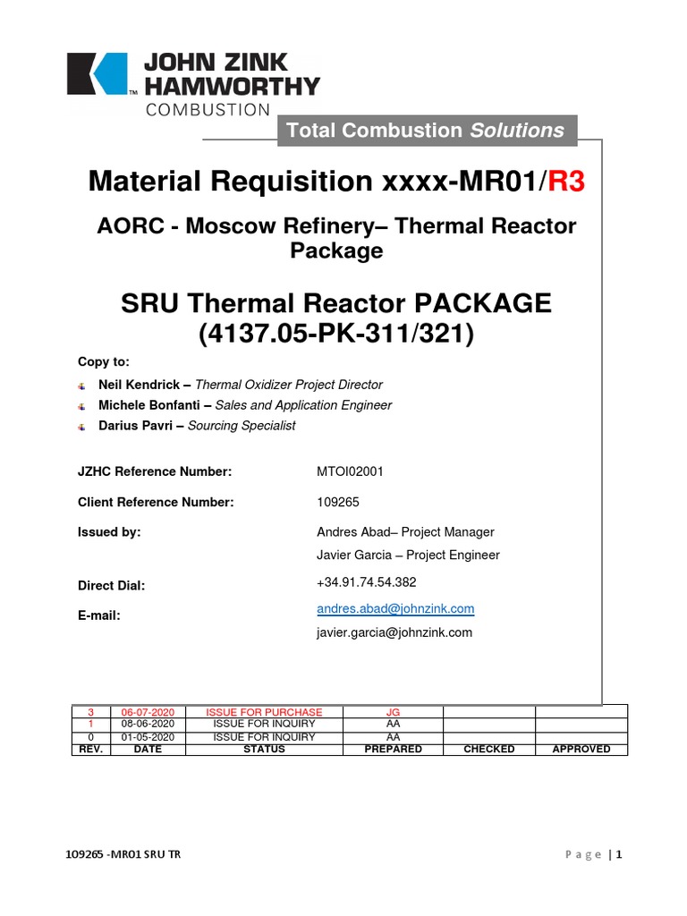 Material Requisition xxxx-MR01/: SRU Thermal Reactor PACKAGE (4137.05 ...