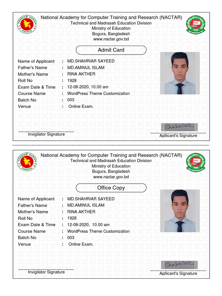 Admit Card: National Academy For Computer Training and Research (NACTAR ...