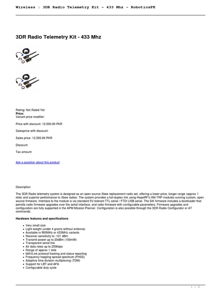 3DR Radio Telemetry Kit - 433 MHZ PDF | PDF | Telemetry | Radio