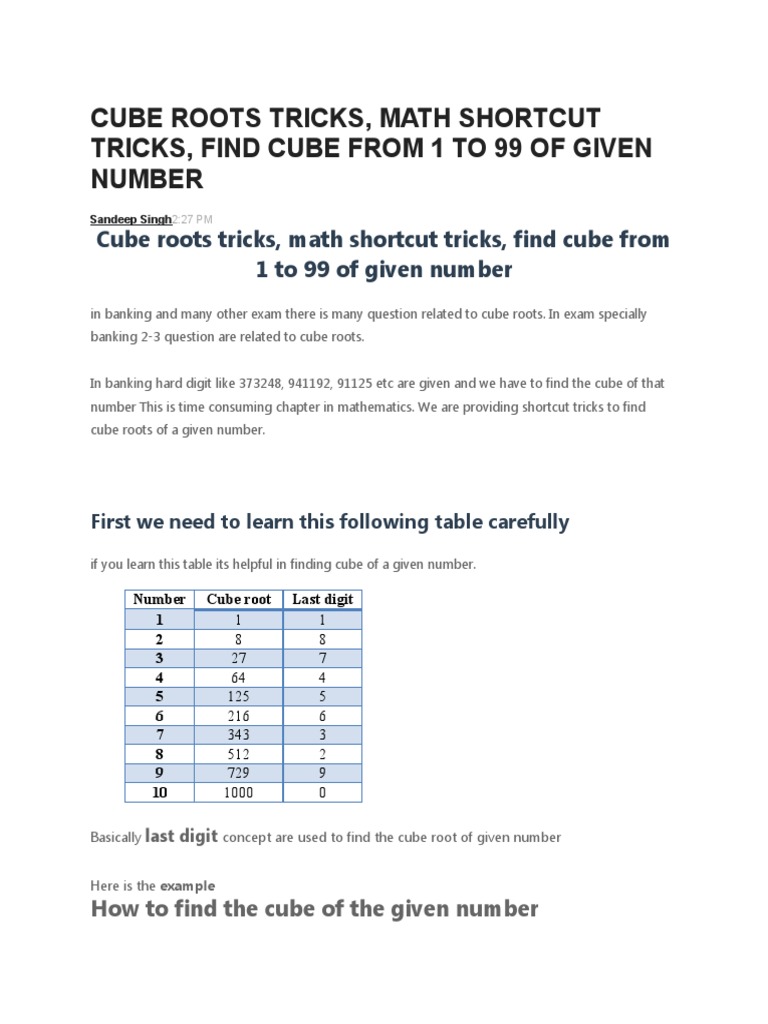 Cube Roots Tricks, Math Shortcut Tricks, Find Cube From 1 To 99 of Given Number | PDF