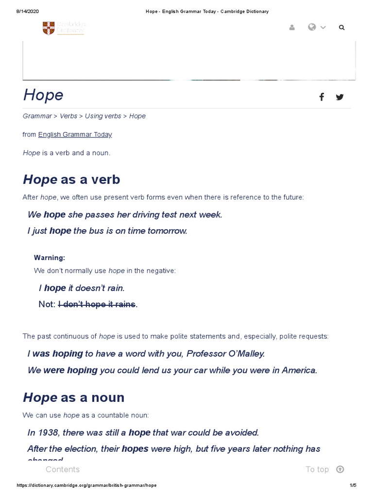 Hope - English Grammar Today - Cambridge Dictionary | PDF | English ...