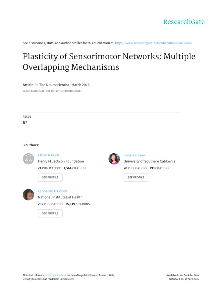 Plasticity of Sensorimotor Networks: Multiple Overlapping Mechanisms | PDF | Epigenetics ...