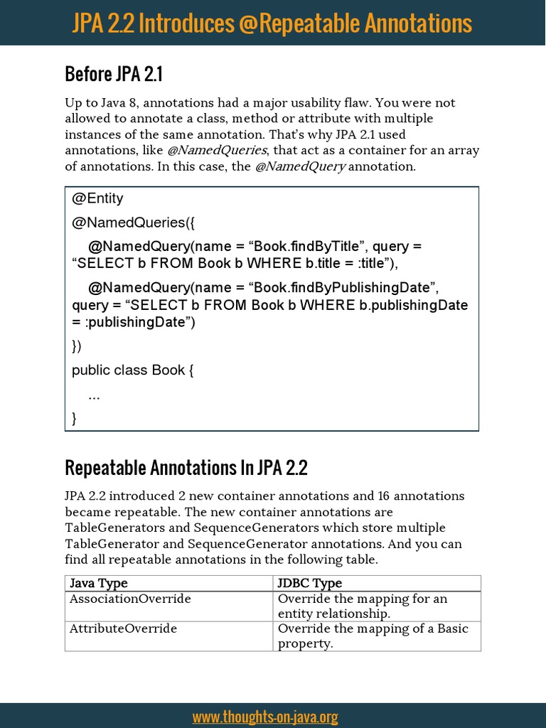 JPA 2-2 Repeatable Annotations | PDF | Table (Database) | Data ...