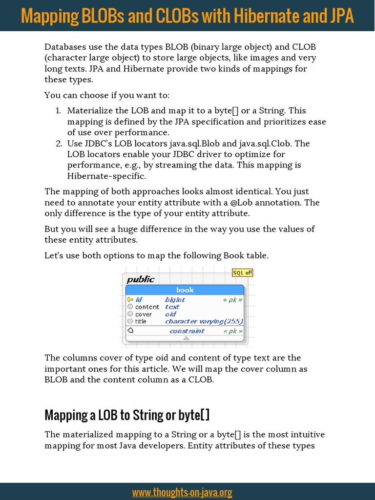 Mapping BLOBs and CLOBs With Hibernate and JPA PDF | PDF | String (Computer Science) | Databases
