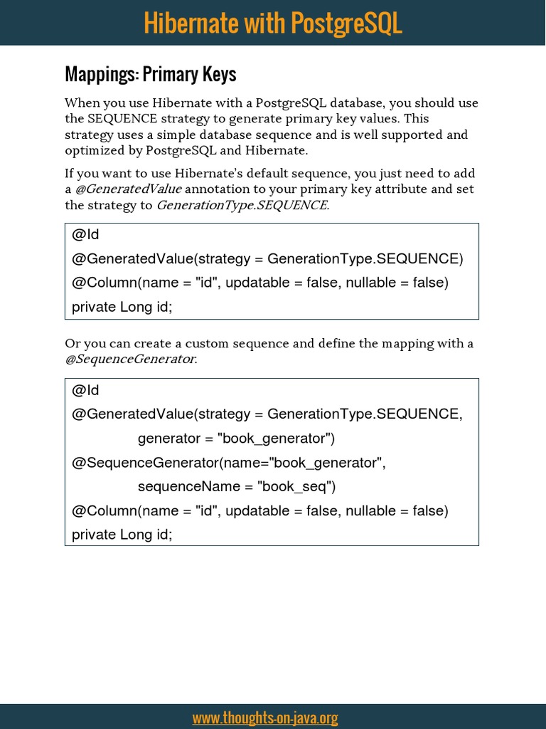 Mappings: Primary Keys: @generatedvalue Generationtype - Sequence | PDF | Postgre Sql ...