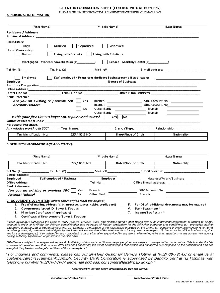 Client Information Sheet (For Individual Buyer/S) : Are You An Existing ...