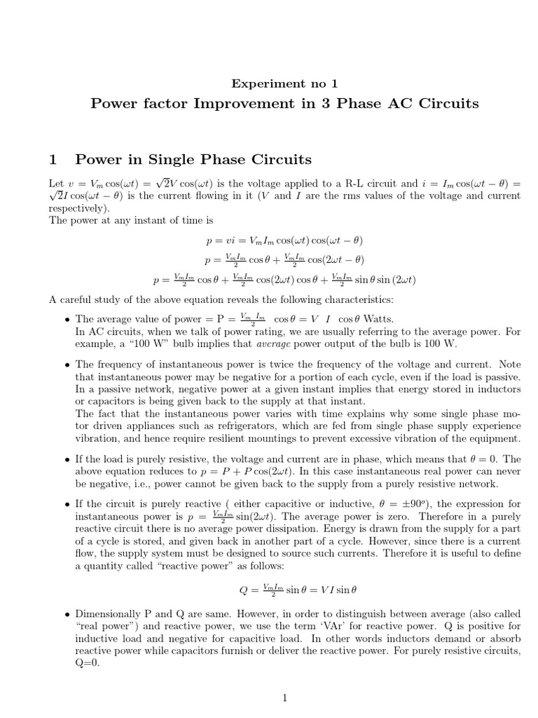 Power Factor Improvement in 3 Phase AC Circuits: Experiment No 1 | PDF | Ac Power | Electromagnetism