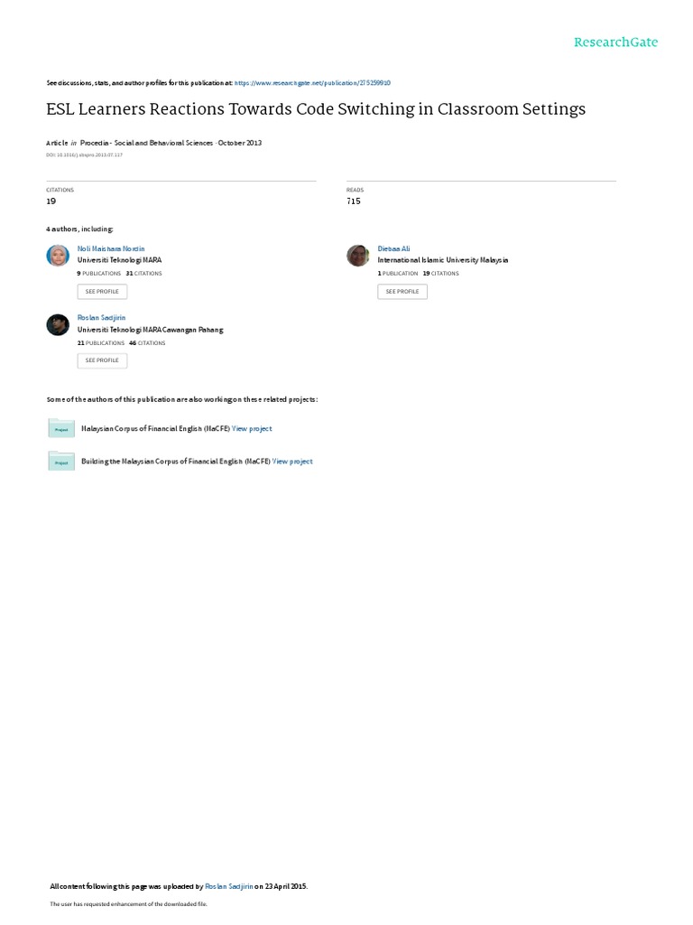 ESL Learners Reactions Towards Code Switching in Classroom Settings | PDF | Second Language ...