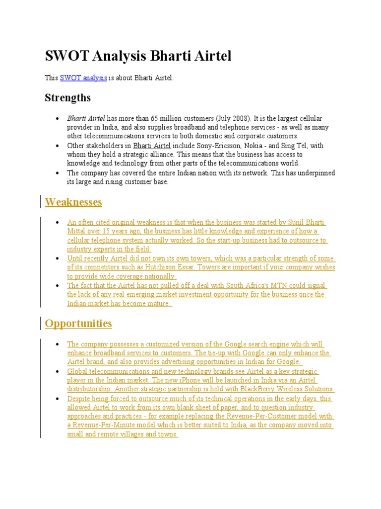 SWOT Analysis Bharti Airtel | PDF | Communication | Telecommunications