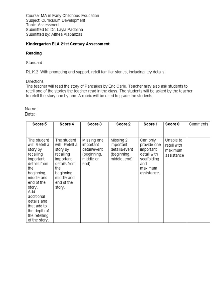 Kindergarten ELA Assessment Rubric | PDF | Object (Grammar) | Sentence ...