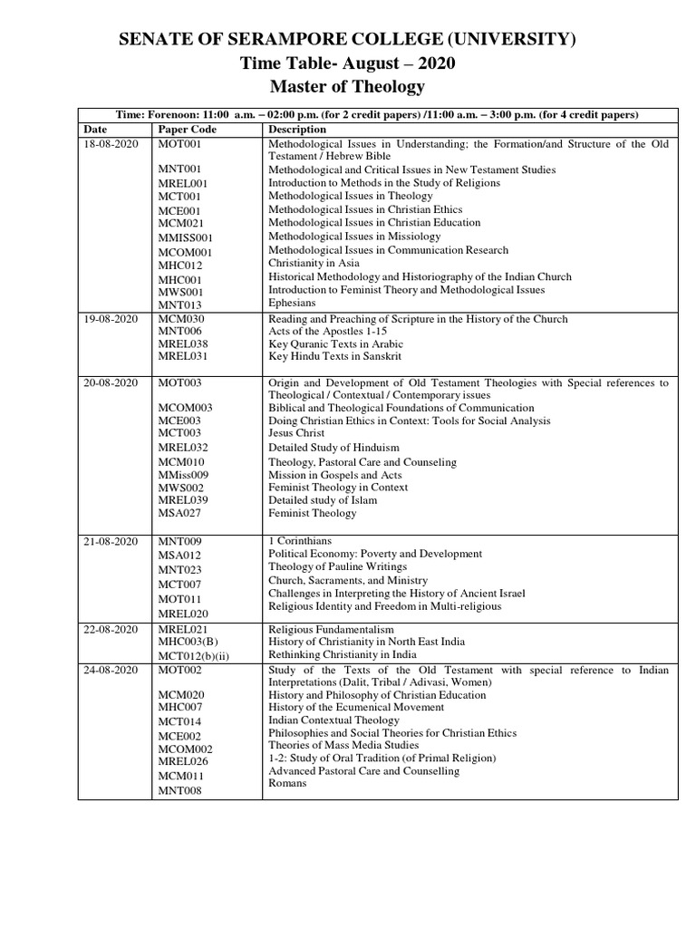 Senate of Serampore College (University) Time Table-August - 2020 Master of Theology | PDF | New ...