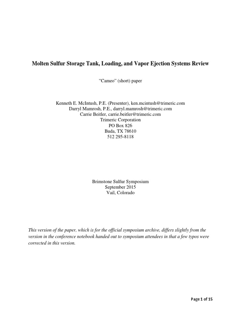 Molten Sulfur Storage Tank Review-2015 | PDF | Sulfur Dioxide | Steam