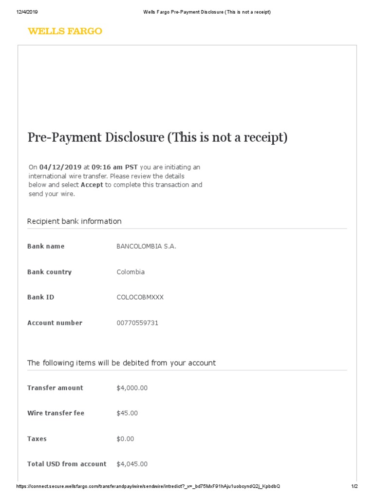 Pre-Payment Disclosure (This Is Not A Receipt) : Recipient Bank ...