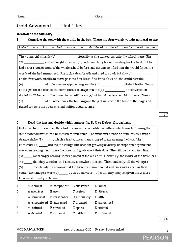 Gold Advanced Unit 1 Test | PDF