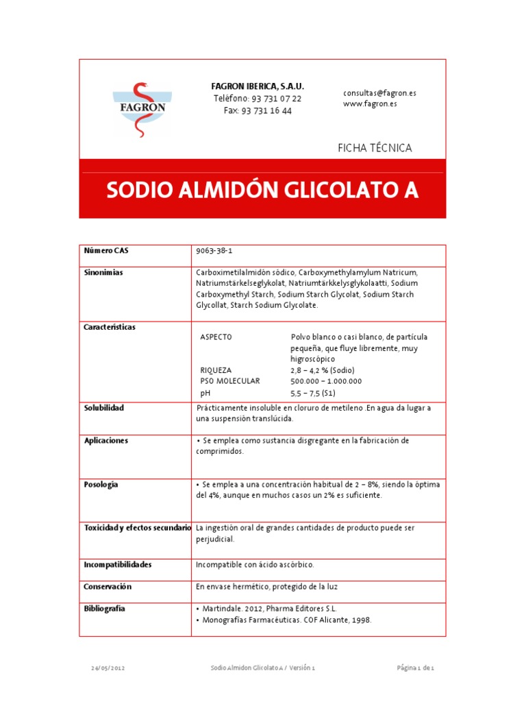 Ficha Tecnica Sodio Almidon Glicolato Fagron | PDF