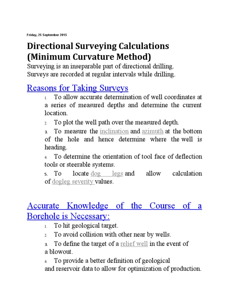 Directional Surveying Calculations (Minimum Curvature Method) | PDF ...