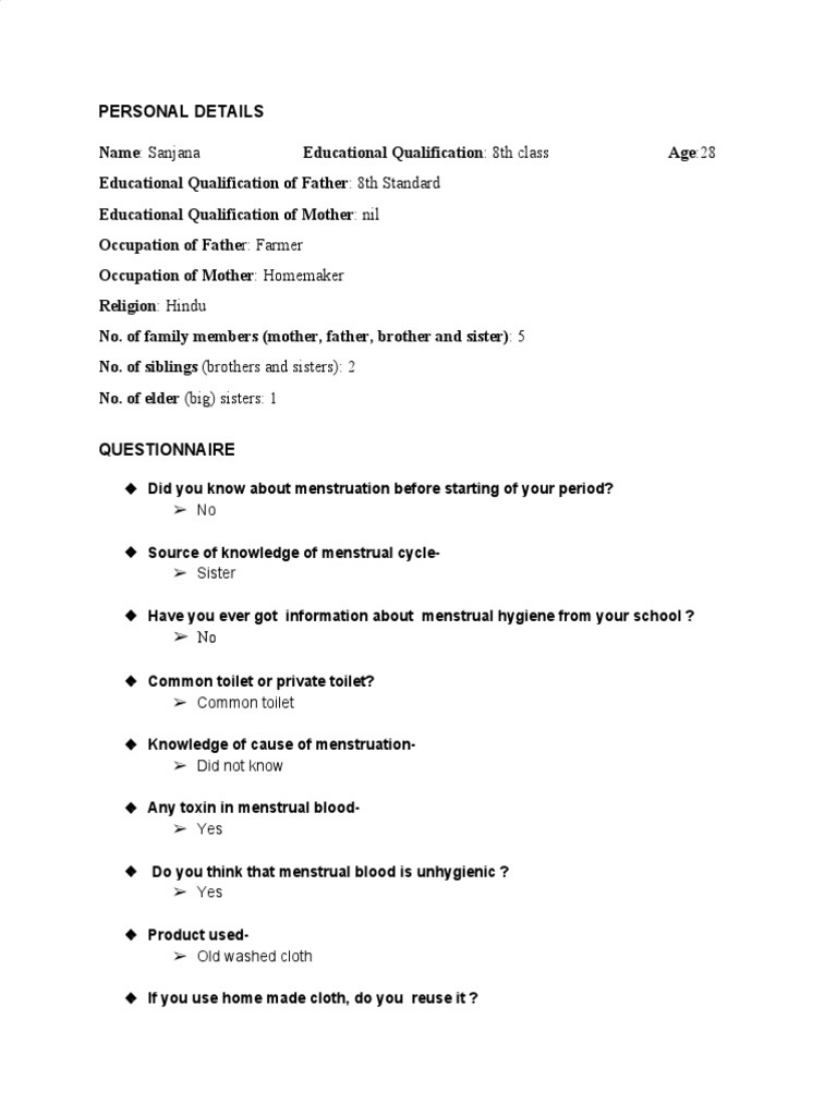 Menstrual Hygiene Awareness Questionnaire | PDF | Cooking, Food & Wine ...