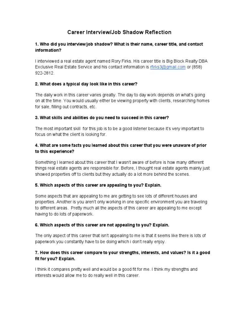 Career Interview Reflection | PDF | Estate Agent | Real Estate Broker