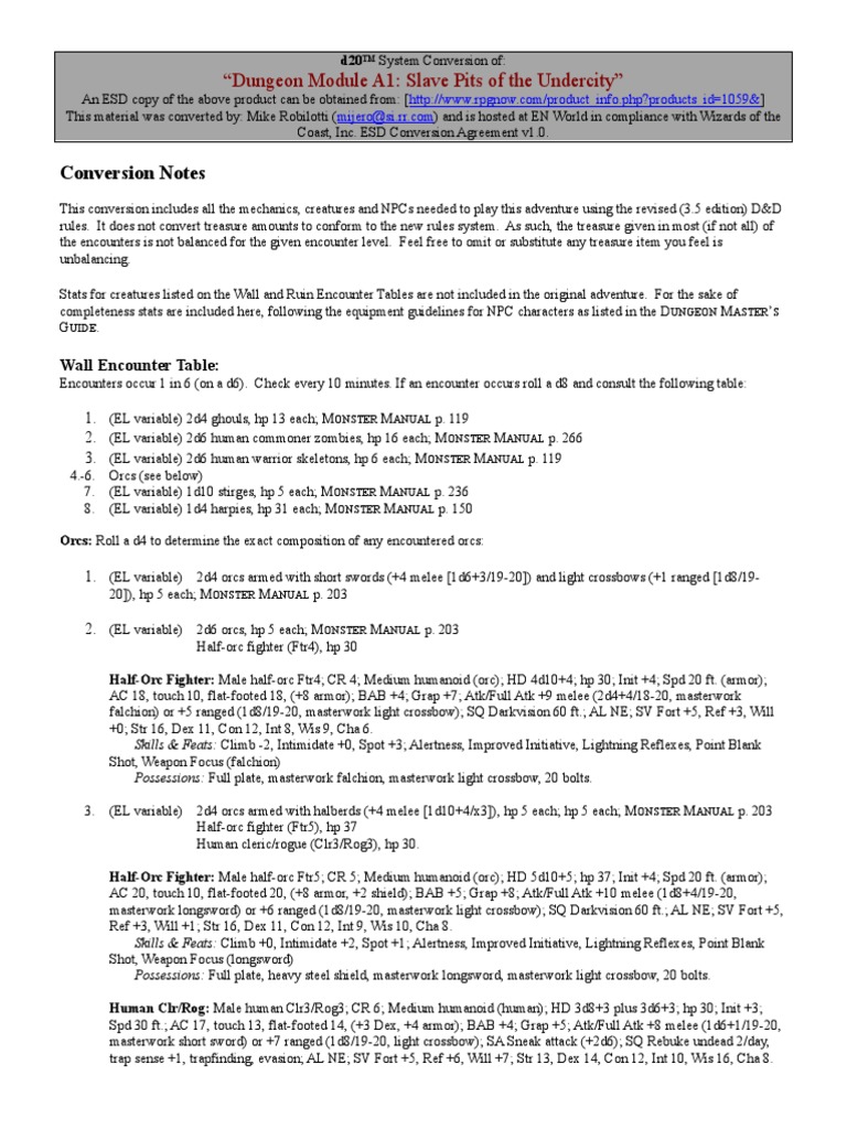 Conversion Notes: "Dungeon Module A1: Slave Pits of The Undercity ...