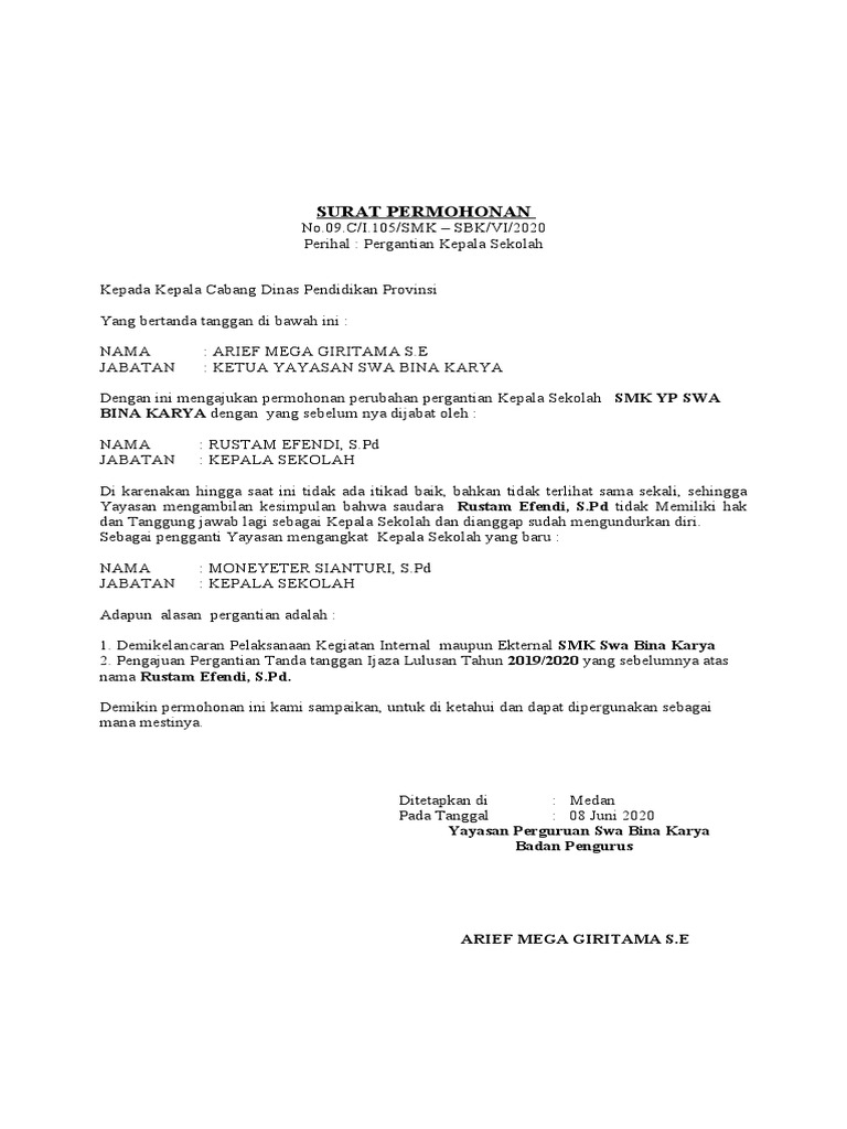 SURAT PERMOHONAN Pergantian Kepala Sekolah | PDF