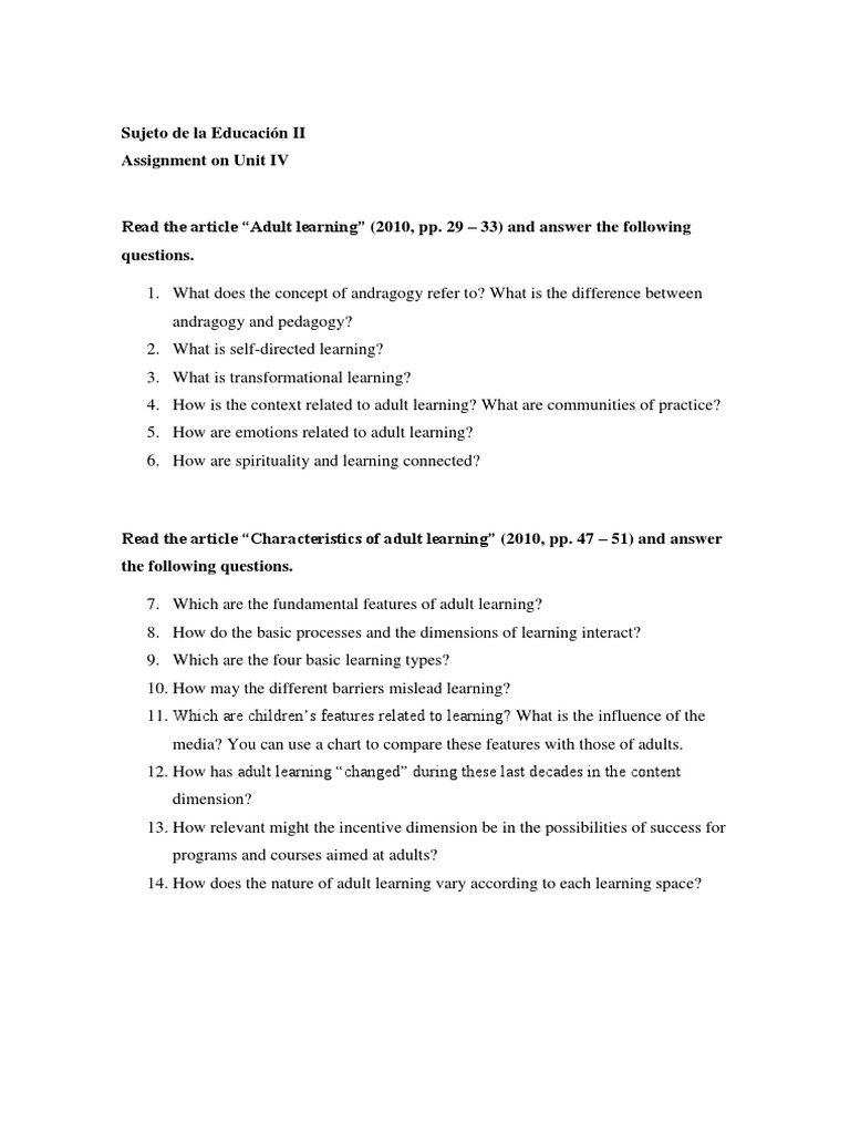 Characteristics of Adult Learning - Guiding Questions | PDF