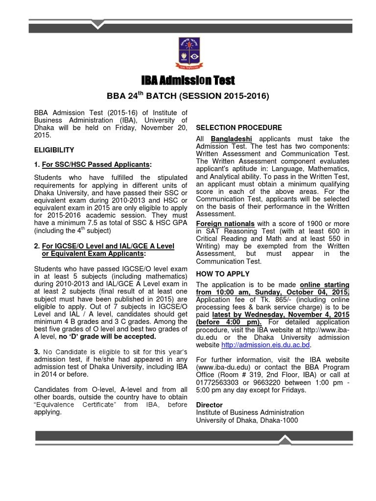 IBA Admission Test: BBA 24 BATCH (SESSION 2015-2016) | PDF | University ...