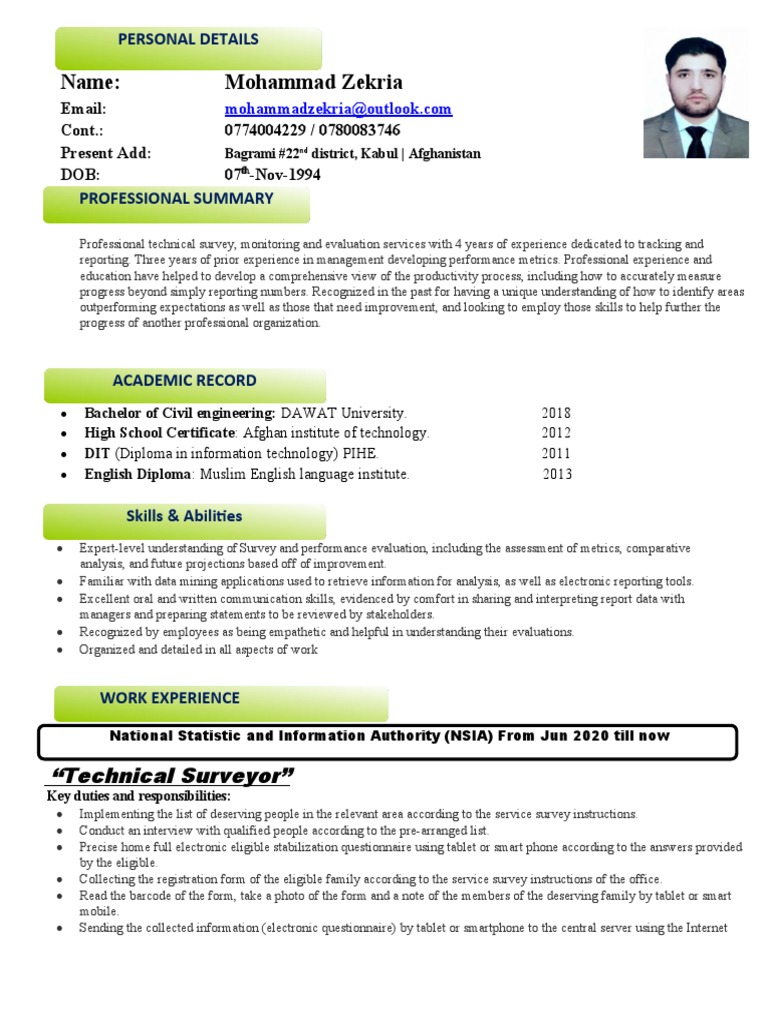 Name: Mohammad Zekria: Personal Details | PDF | Evaluation | Monitoring And Evaluation